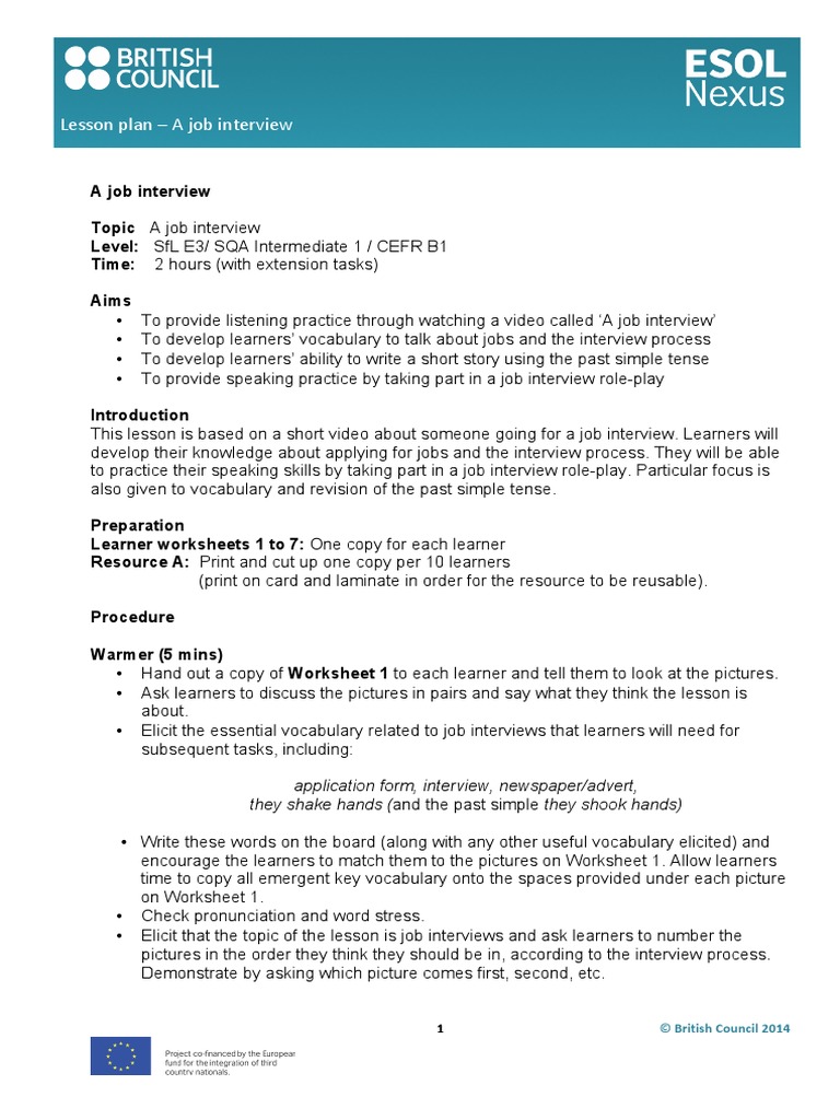 A Job Interview Lesson Plan Pdf Pdf Job Interview Vocabulary