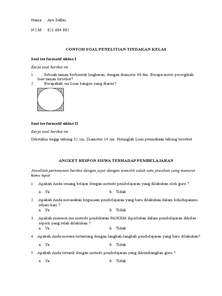 Contoh Soal & Angket PTK | PDF