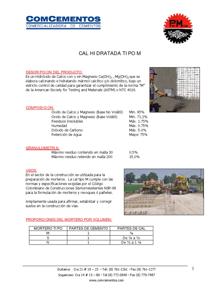 Cal Hidratada Promical - Tipo - M PDF | PDF | Cemento | Materiales