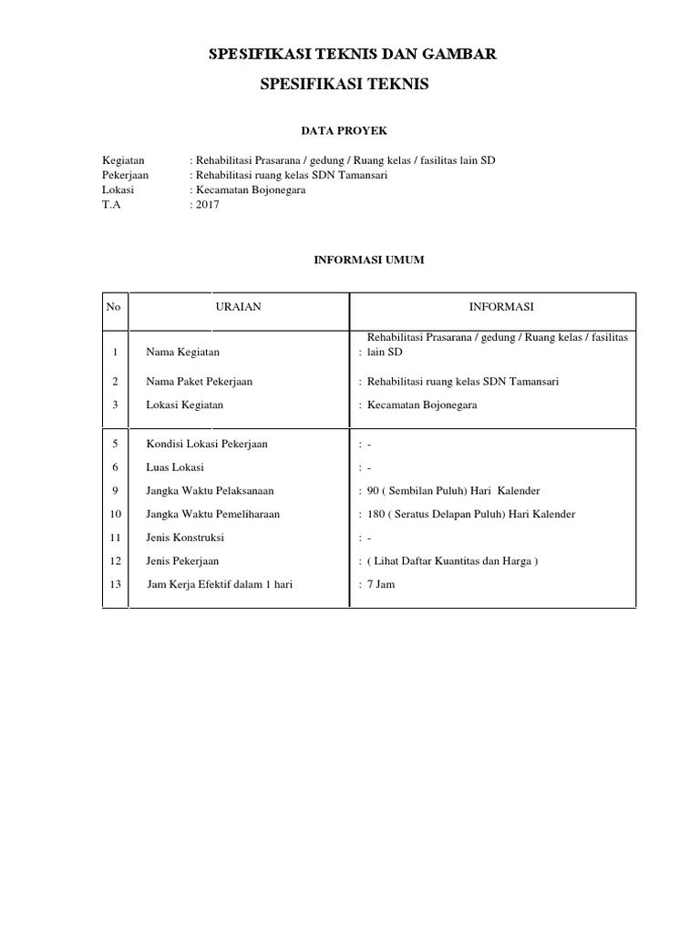 Bab Xiii. Spesifikasi Teknis Dan Gambar RKB SDN Tamansari | PDF