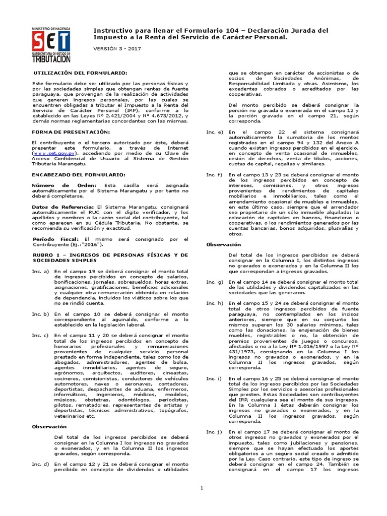 Instructivo Modelo Formulario de IRP | PDF | Impuesto sobre la renta ...