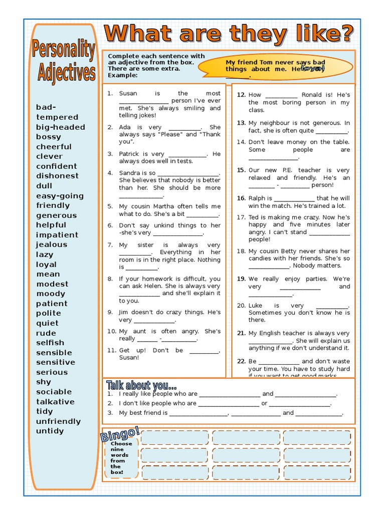 Personality Adjectives Grammar Drills Reading Comprehension Exercises ...