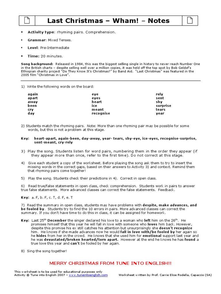 Last Christmas Worksheet PDF | PDF | Christmas | Leisure