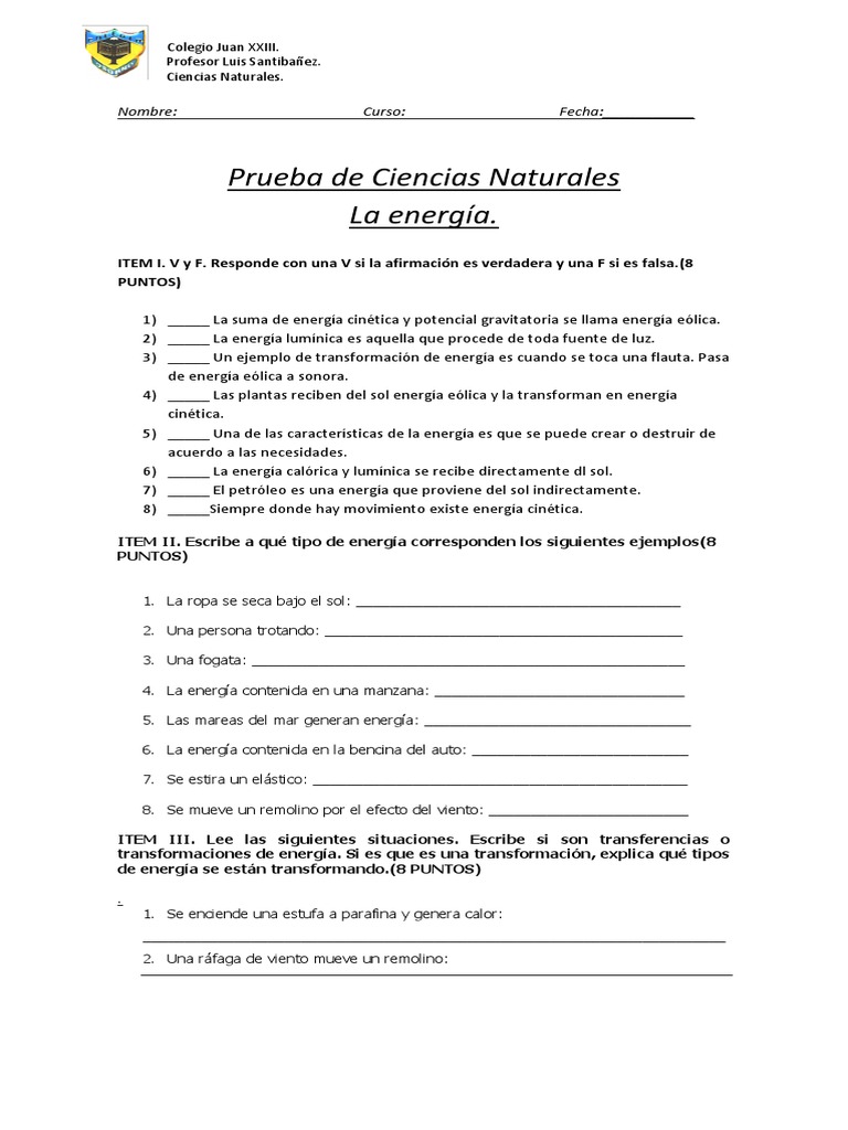 Prueba La Energia 6 Basico | Universo físico | Naturaleza