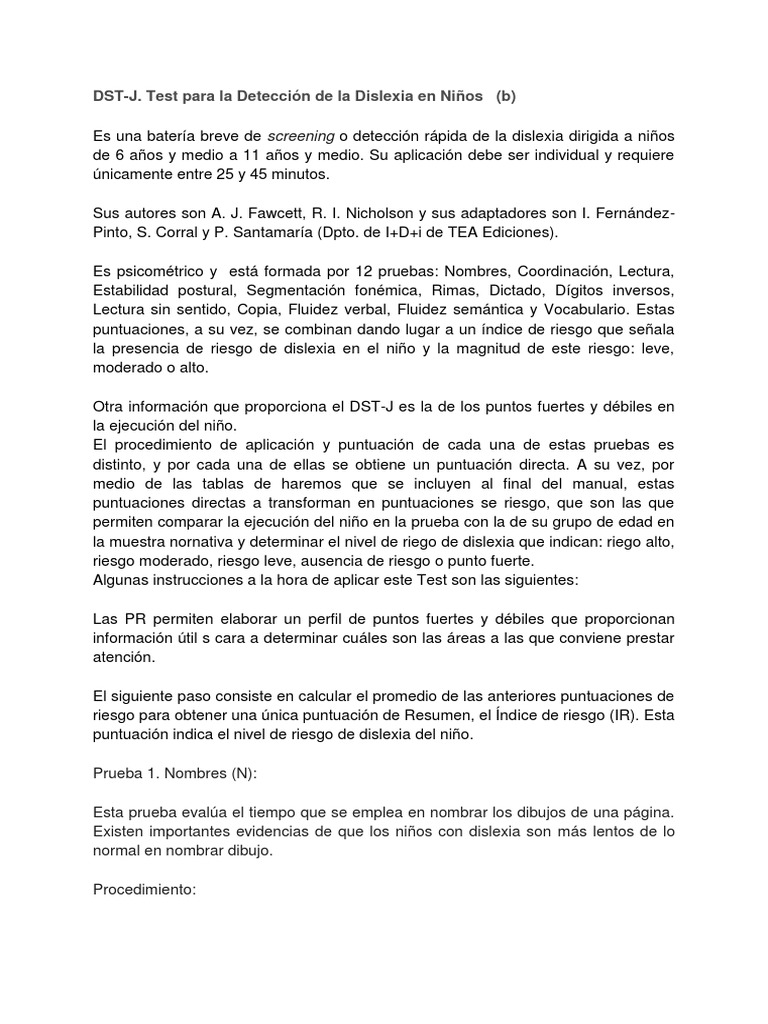 Test DST-J y GORT-5 para Dislexia | PDF | Dislexia | Lectura (proceso)