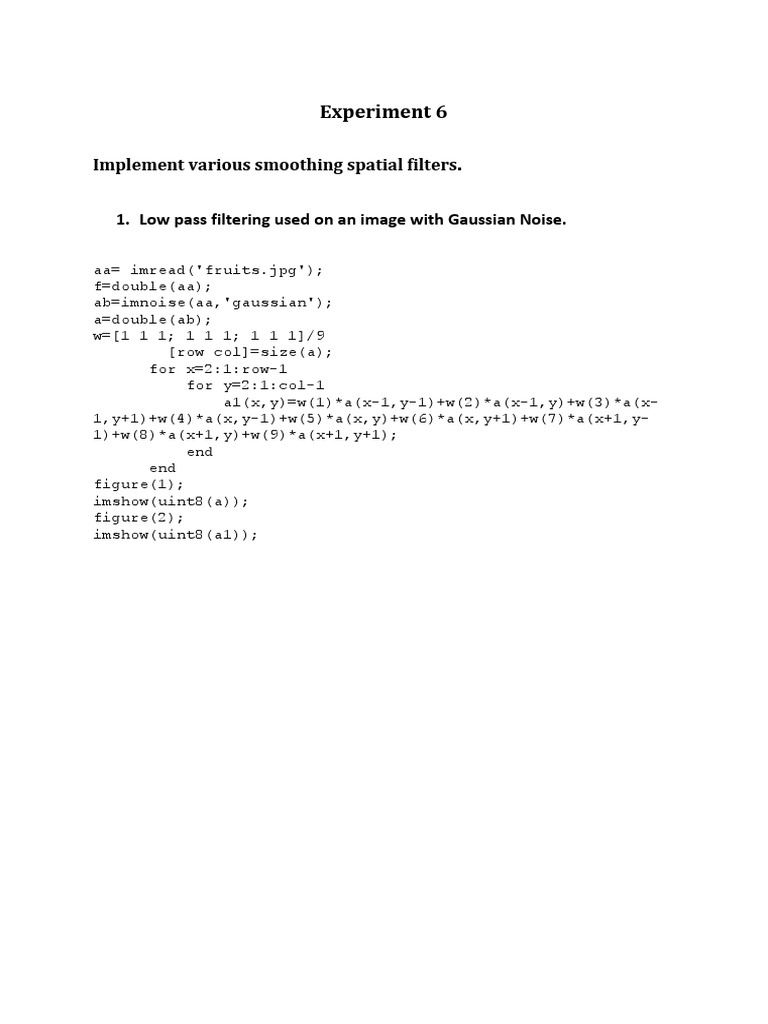 Implement Various Smoothing Spatial Filters.: Experiment 6 | PDF
