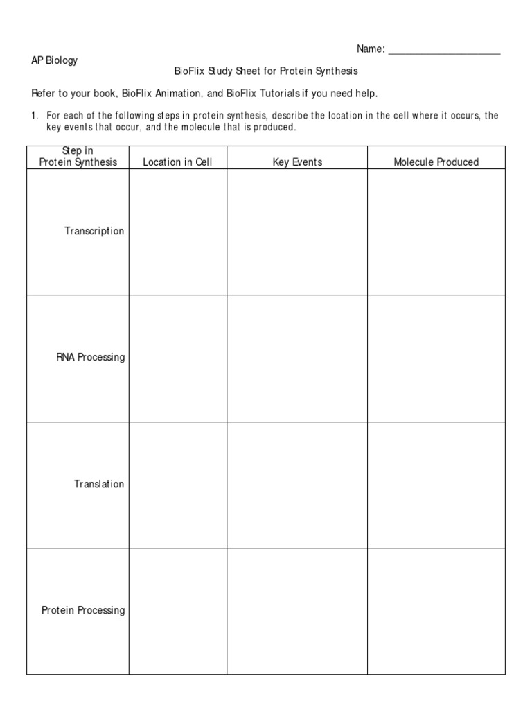 Bioflix Study Sheet For Protein Synthesis | PDF | Translation (Biology ...