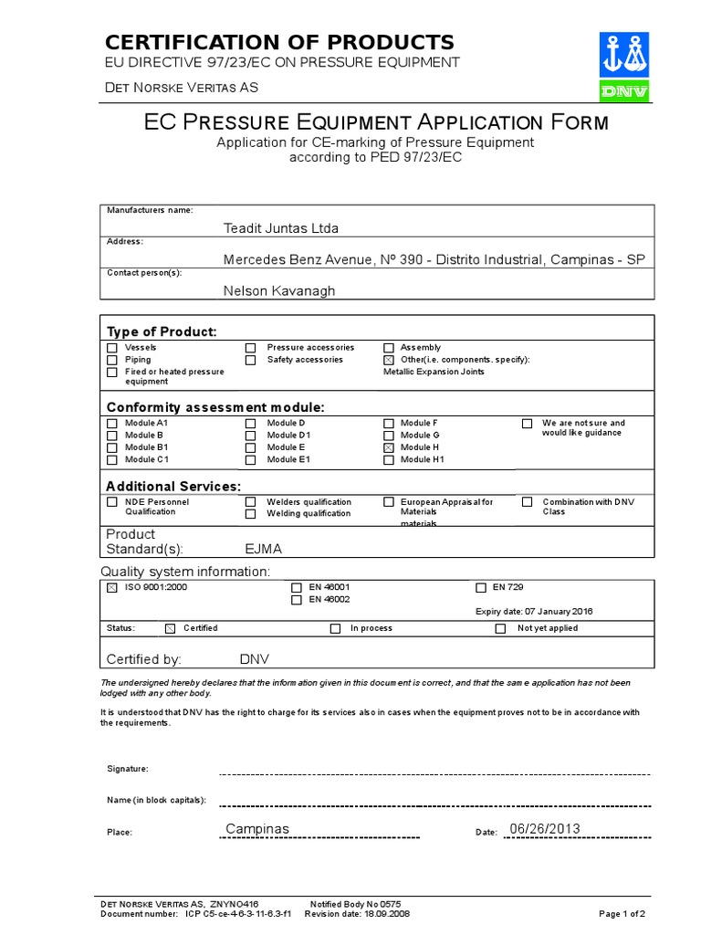 PED Application Form Doc | Certification | Welding