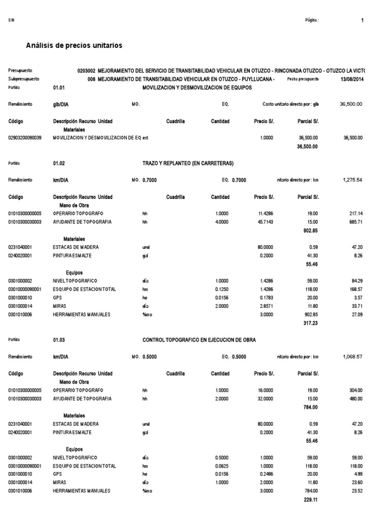 Precios Unitarios - PARTIDAS | PDF | Materiales de construcción | Ingeniería de Edificación