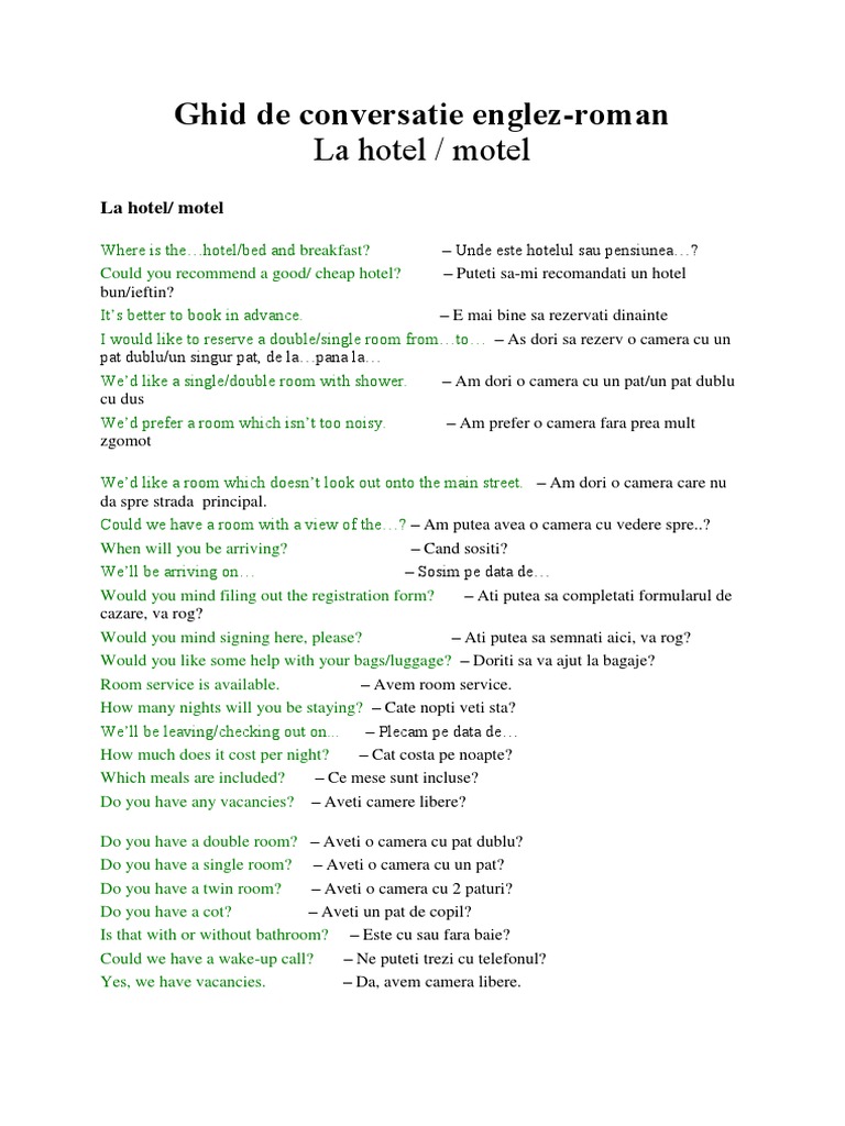 Ghid de Conversatie Englez-Roman: La Hotel / Motel | PDF | Hotel ...