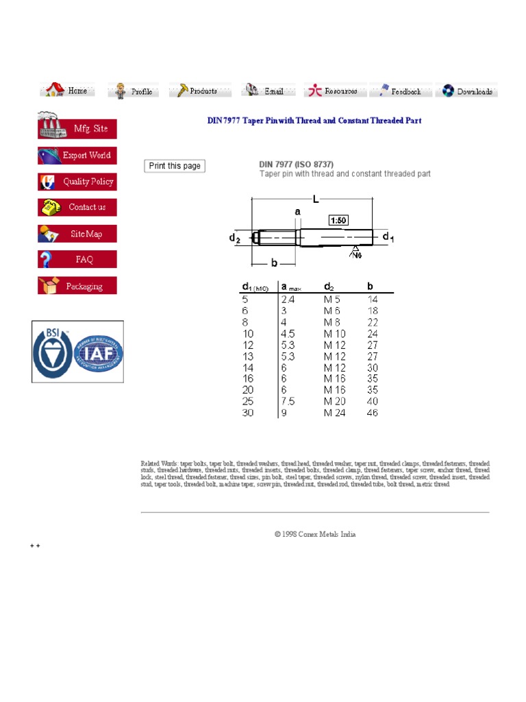 DIN 7977 Taper Pin With Thread and Constant Threaded Part | PDF