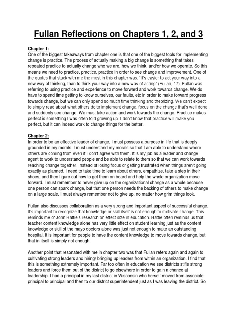 Fullan Reflections On Chapters 1 2 and 3 | PDF | Leadership | Motivation