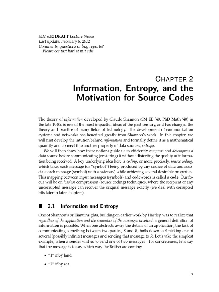 Information, Entropy, and The Motivation For Source Codes: Hapter | PDF ...