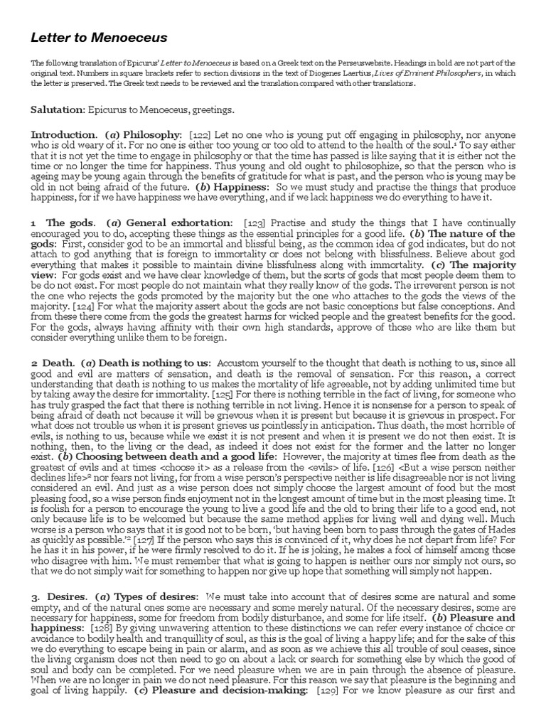 Letter To Menoeceus - Philosophical Garden | PDF | Wisdom | Pleasure
