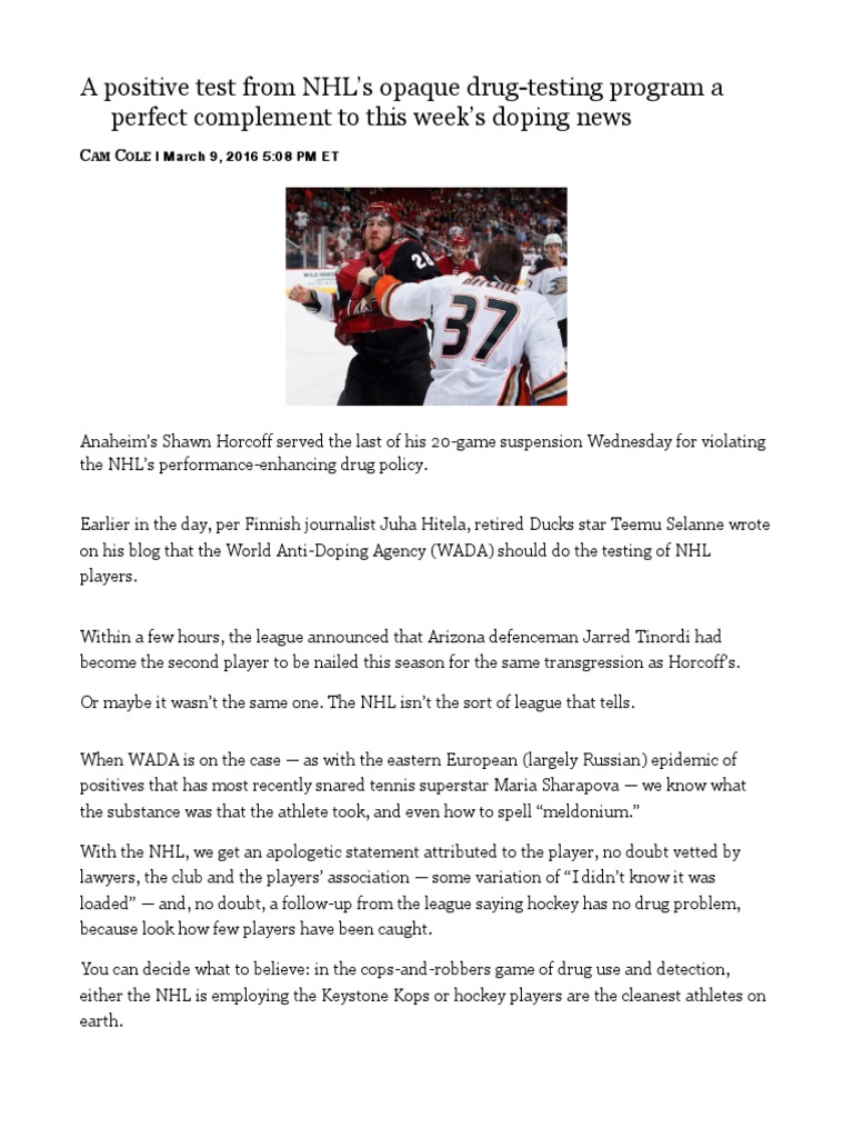 NHL Drug Testing | PDF | Doping In Sport | Olympic Games