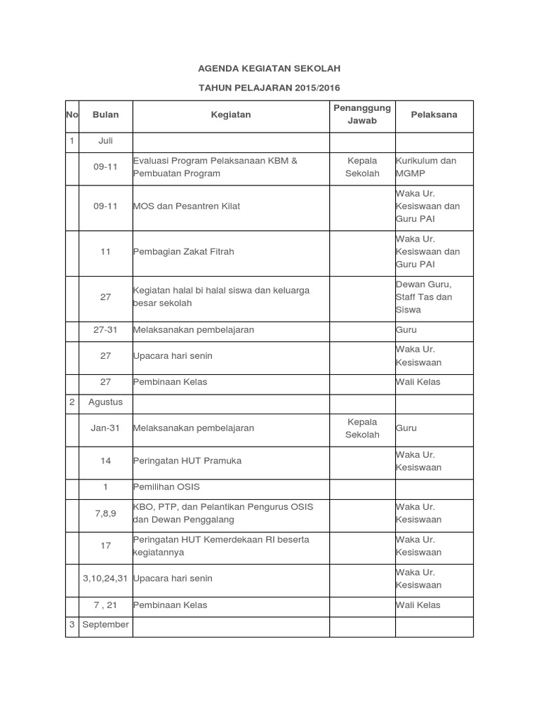 Agenda Kegiatan Sekolah | PDF