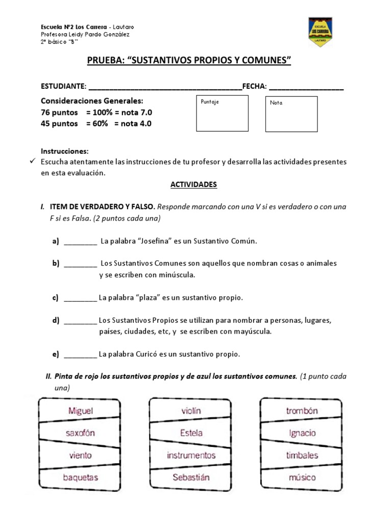 Prueba de Sustantivos Propios y Comunes | PDF | Ciencia cognitiva ...
