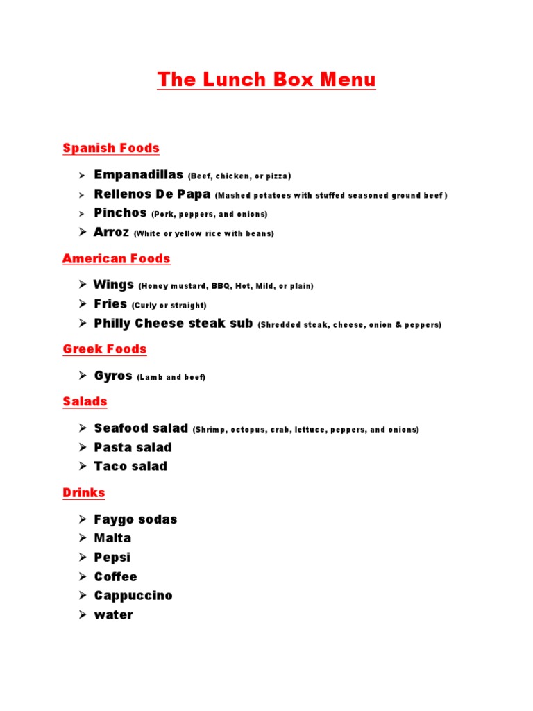 The Lunch Box Menu | PDF