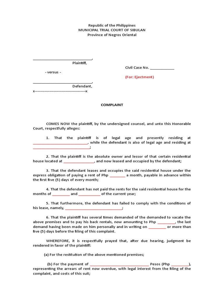 Sample Complaint For Ejectment | PDF | Lease | Lawsuit