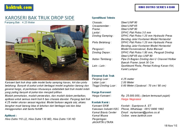 KAROSERI BAK TRUK DROP SIDE UNTUK HINO DUTRO SERIES 6 BAN | PDF