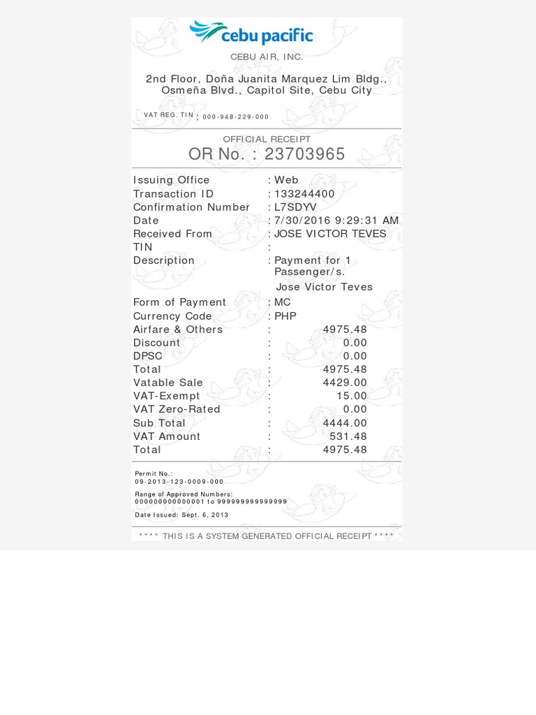 Cebu Pacific Official Receipt Sample | PDF | Receipt | Service Industries