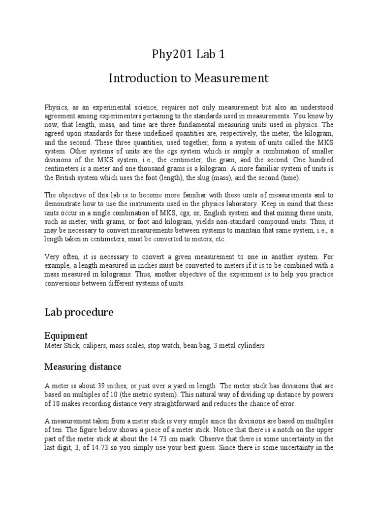 Phy201 Lab 1 Introduction To Measurement | PDF | Observational Error | Measurement