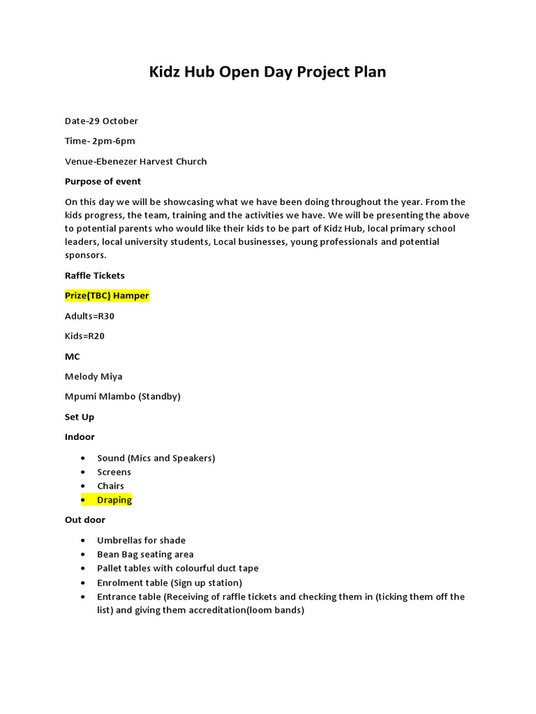 Kidz Hub Open Day Event Plan | PDF