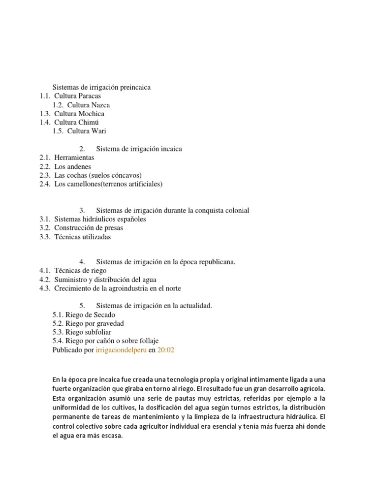 Sistemas de Irrigación en Perú: Historia y Técnicas | PDF | Riego ...