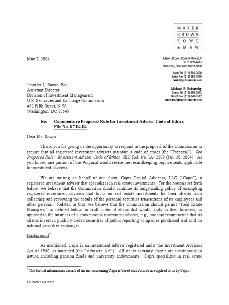 Comments on SEC Investment Adviser Ethics Rule | PDF | Financial ...