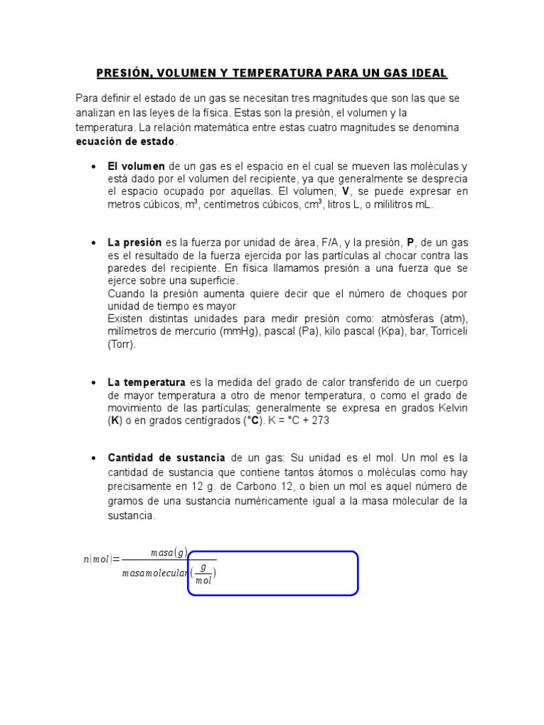 Presión, Volumen y Temperatura para Un Gas Ideal | PDF | Gases | Mole (Unidad)