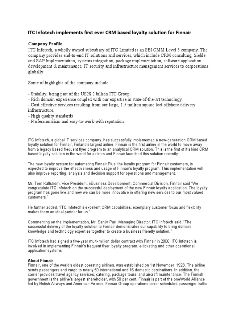 ITC Infotech Implements First Ever CRM Based Loyalty Solution For ...