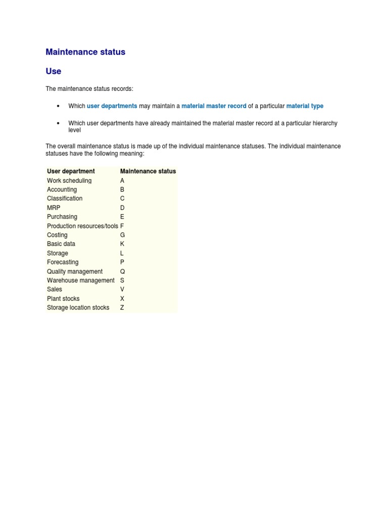 Maintenance Status Use: User Departments Material Master Record ...