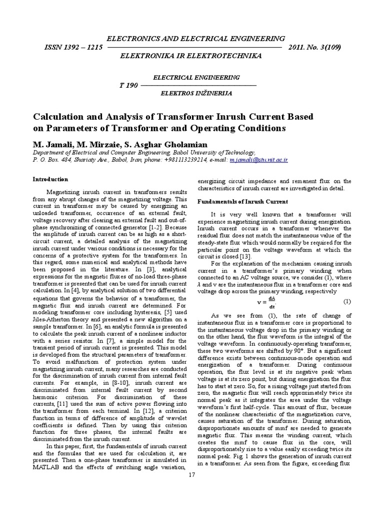 Transformer Inrush Current Calculation | PDF | Inductance | Transformer