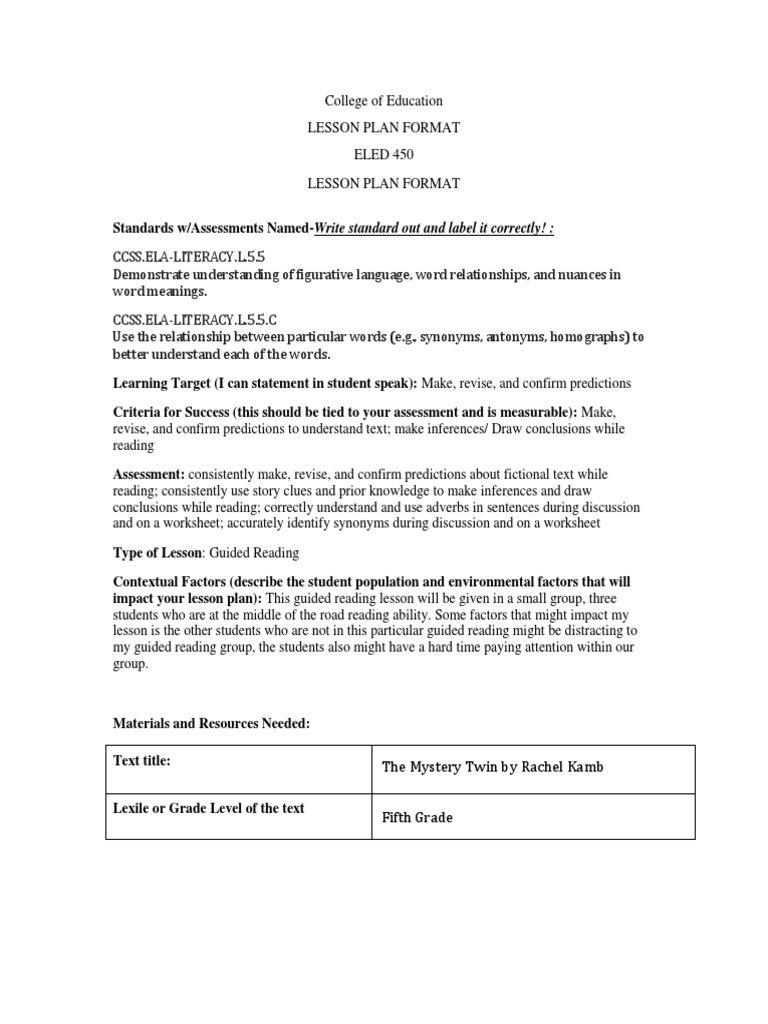 Guided Reading Lesson Plan | PDF | Reading (Process) | Lesson Plan