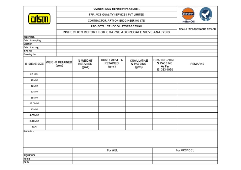 Inspection Report For Coarse Aggregate Sieve Analysis | PDF