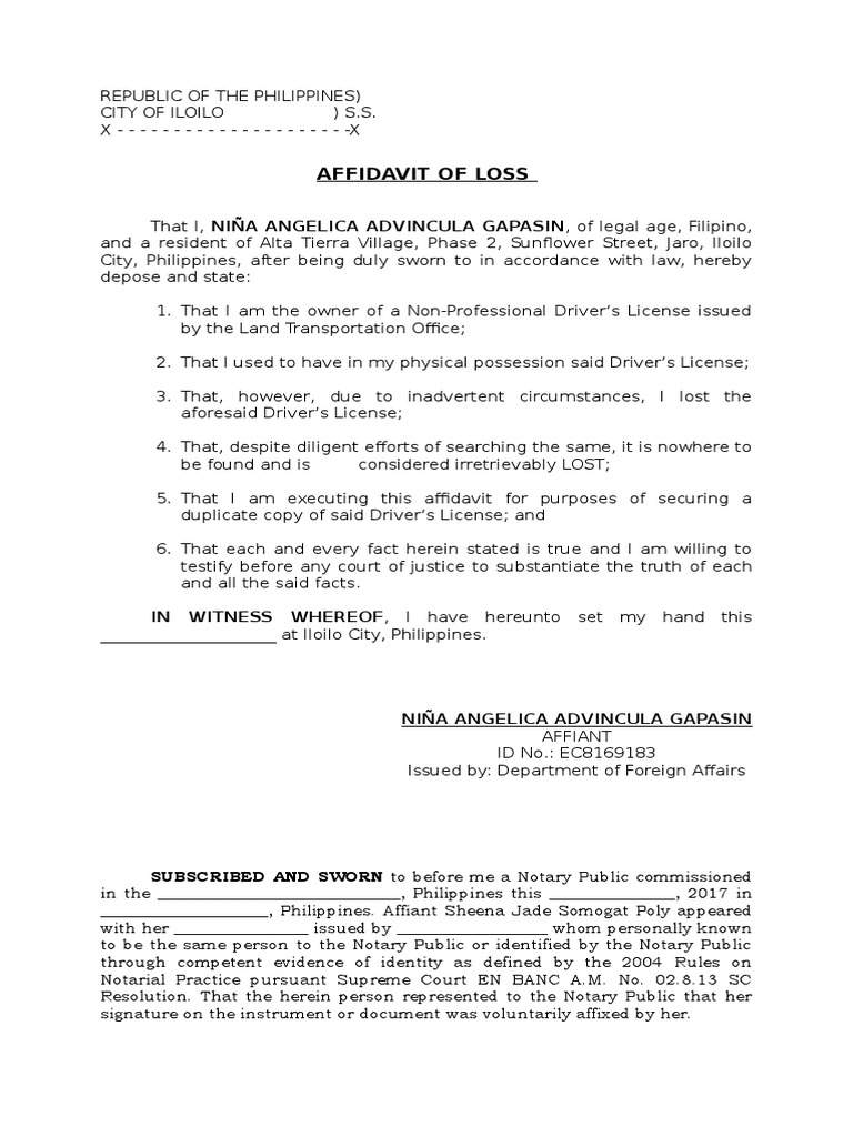 (Sample) Affidavit of Loss (Driver's License) | PDF