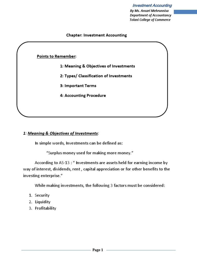Investment Accounting Notes | Investing | Securities (Finance)