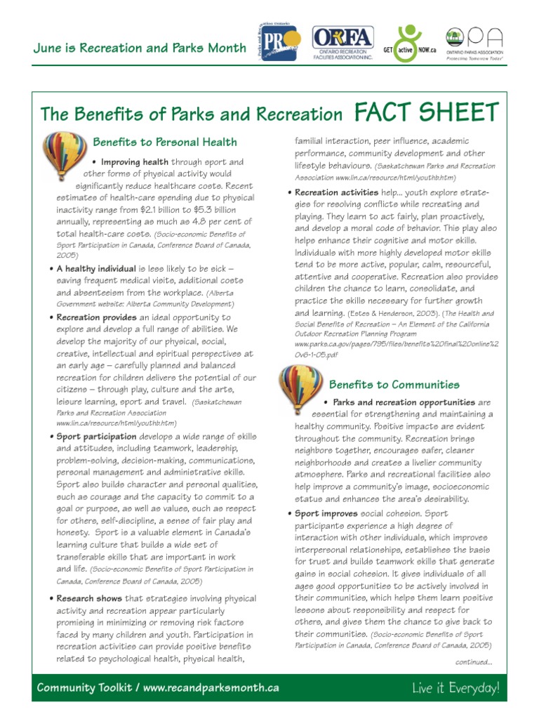 The Benefits of Parks and Recreation FACT SHEET | Download Free PDF ...