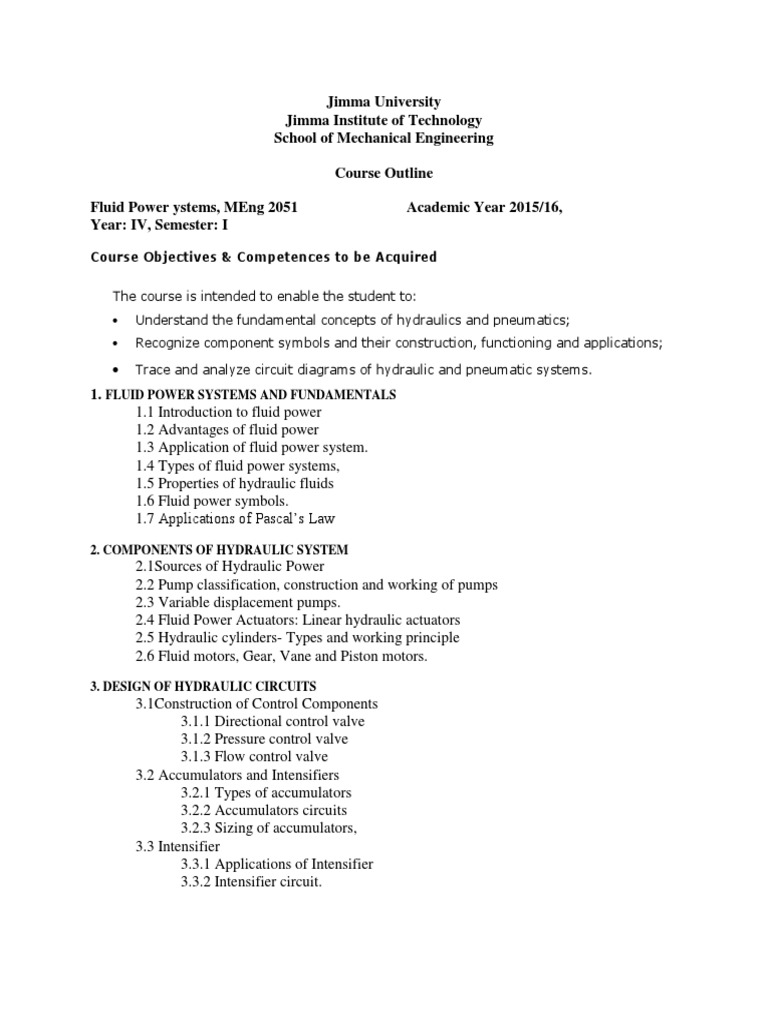 Course Outline-Hydraulics and Pneumatics | PDF | Pneumatics | Hydraulics