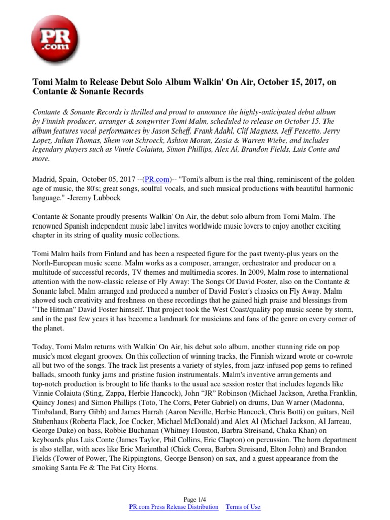 Tomi Malm's Debut Album Walkin' On Air | PDF | Musicians | Music Industry