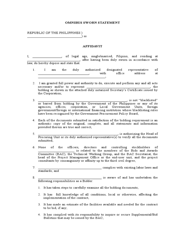 Standard BAC Form Omnibus Sworn Statement | Notary Public | Politics