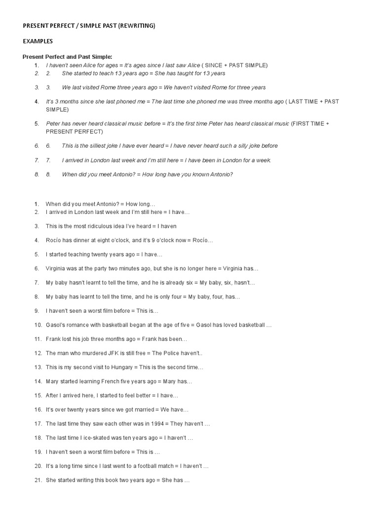 Present Perfect / Simple Past (Rewriting) Examples | PDF | Leisure
