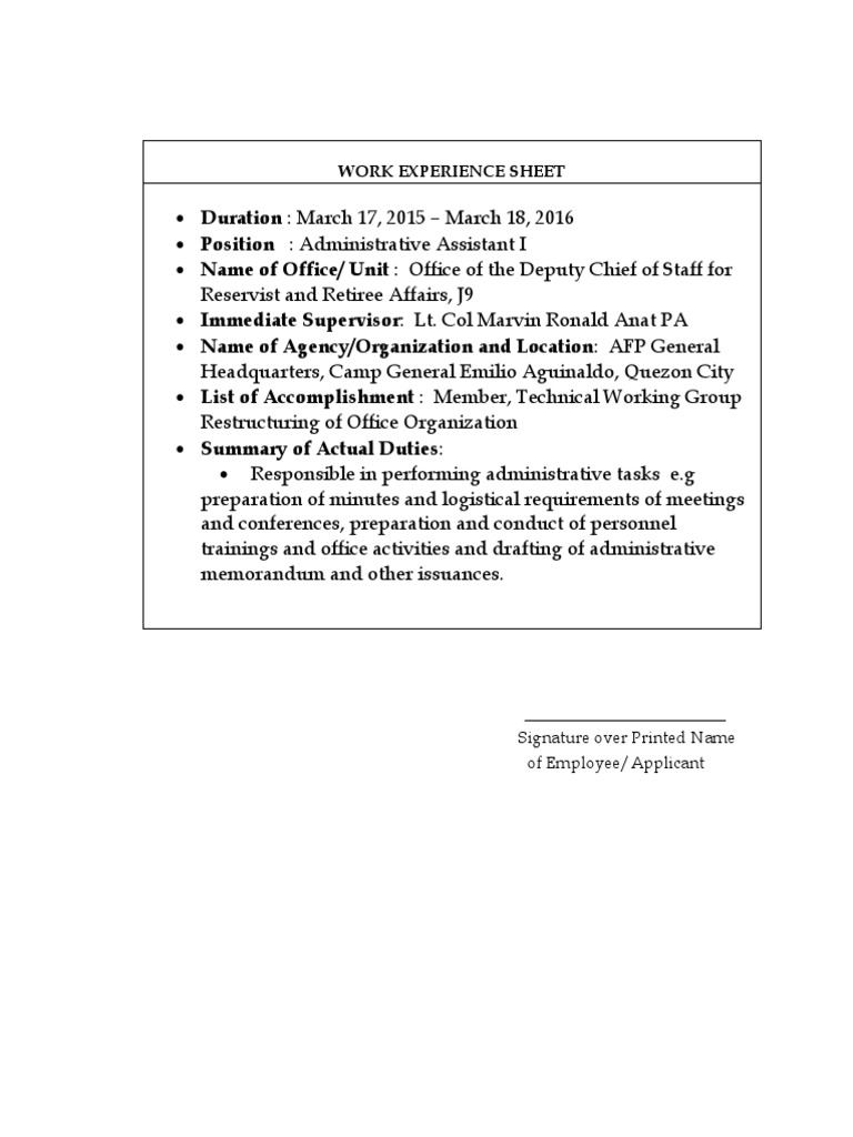 Work Experience Sheet: - Signature Over Printed Name of Employee ...
