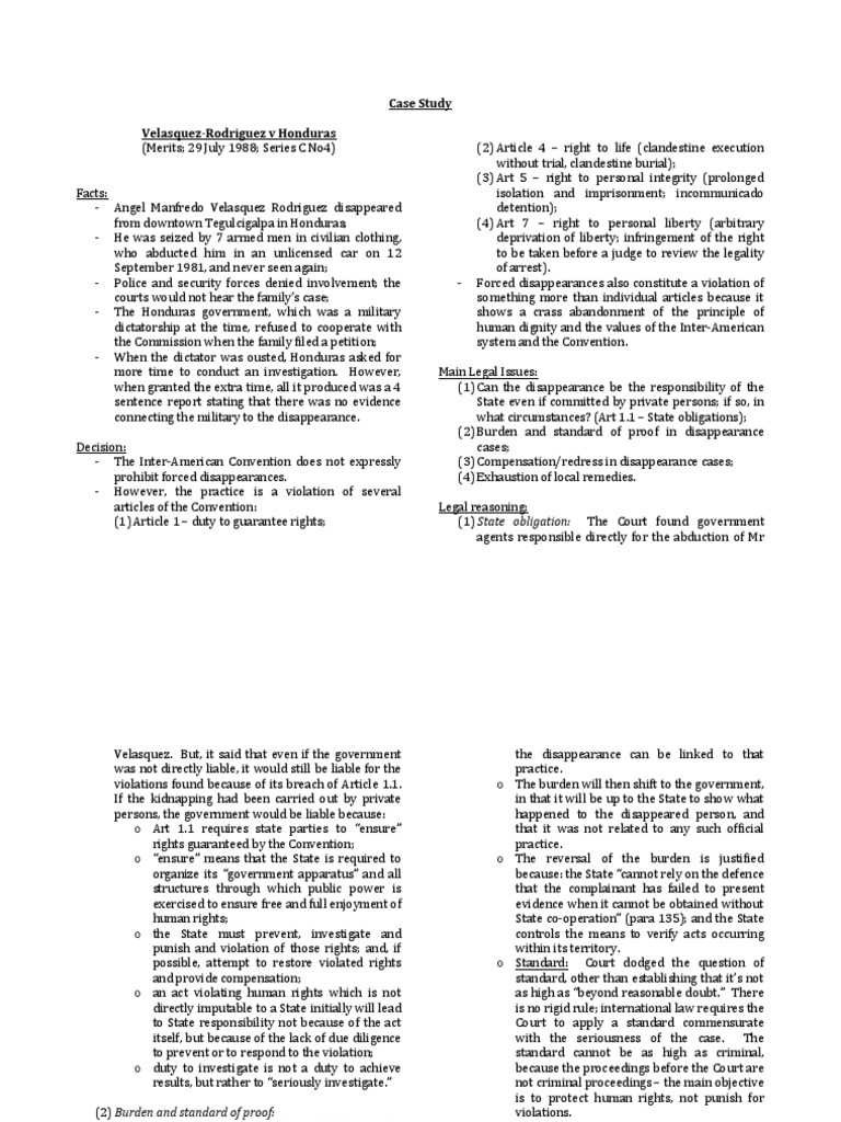 Velasquez Rodriguez Case | PDF | Burden Of Proof (Law) | Habeas Corpus