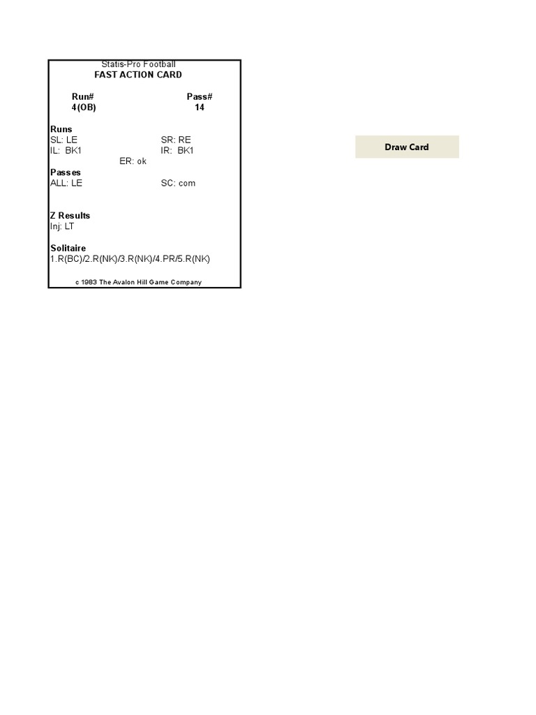 Fast Action Card Run# Pass# 4 (OB) 14 Runs Draw Card: Statis-Pro ...