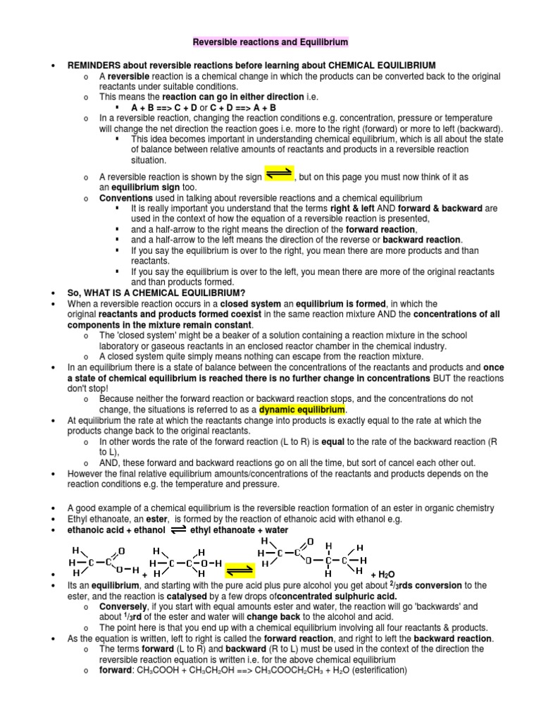 Notes Reversible Reactions and Equilibrium | Chemical Equilibrium ...