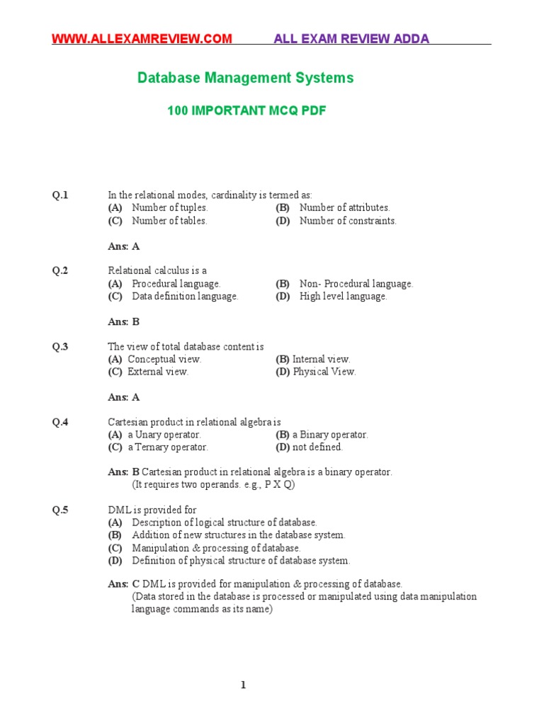 DBMS 100 MCQ Part 2 PDF | PDF | Relational Database | Databases