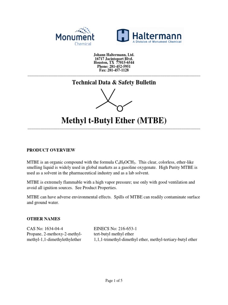 MTBE-Data and Safety Sheet | PDF | Solvent | Water