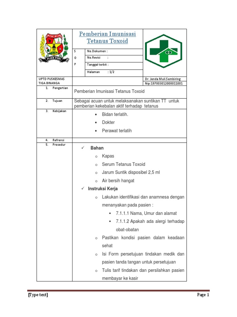 SOP Pemberian Imunisasi Tetanus Toxoid | PDF
