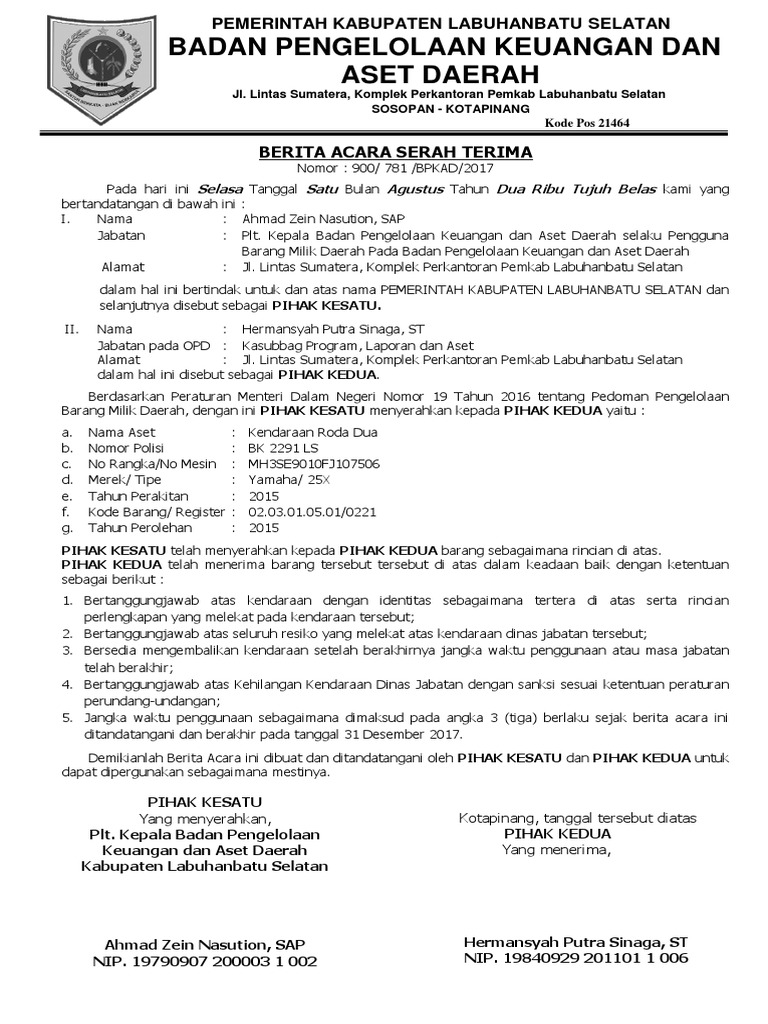 Berita Acara Serah Terima Kendaraan | PDF